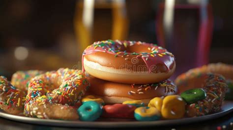 Colorful Junk Food Snacks Like Chips Donuts And Candy Laid Out On A Table With A Cold Beer