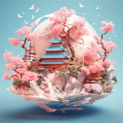 Premium Ai Image Floating Island With Sakura Tree 3d