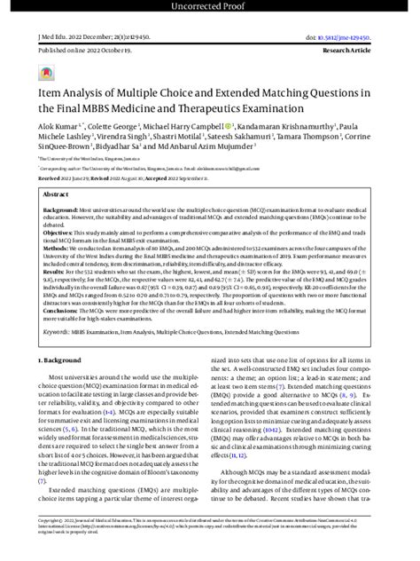 pdf item analysis of multiple choice and extended matching questions