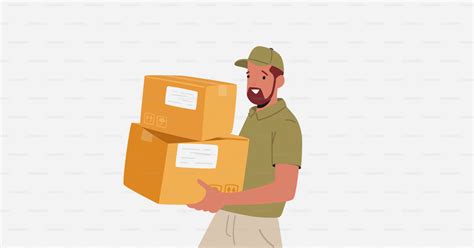 택배 남성 캐릭터는 유니폼을 입고 모자는 흰색 배경에 격리된 판지 상자를 들고 다닌다 소포를 가진 배달원은 고객 특급 배달