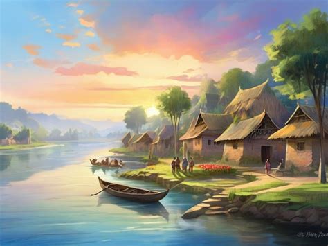 日替わり風景 － ファンタジーの水辺の村 試行錯誤でai画像生成