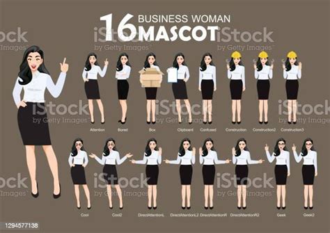 16 비즈니스 우먼 마스코트 만화 캐릭터 스타일 포즈 세트 벡터 일러스트 감정에 대한 스톡 벡터 아트 및 기타 이미지 감정 개념 건설 산업 Istock