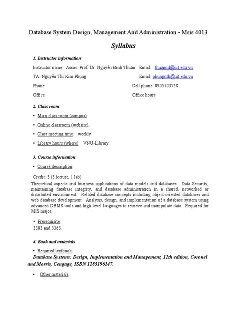 Syllabus Database System Design Management And Administration Msis