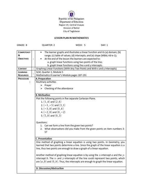 Prototype Lesson Plan In Math 8 Q2 Week 5 Pdf Slope Function Mathematics