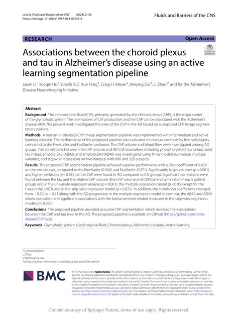 Pdf Associations Between The Choroid Plexus And Tau In Alzheimers