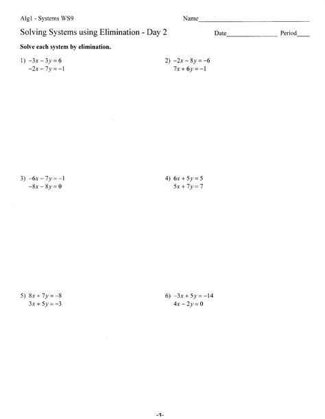 Elimination Method Worksheets