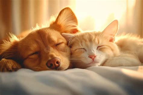 Happy Pets Adorable Dog And Cat Cuddle Together In Banner Image Stock
