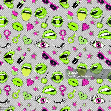 패션 패치 배지 완벽 한 패턴입니다 입술 키스 입 마음 혀 별을 엽니다 벡터 일러스트 스트라이프 배경 위에 절연입니다 스티커 핀 패치 만화에서 8090 년대 만화 스타일