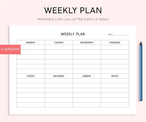 A4 Weekly Planner Printable Landscape Organizer Template Digital