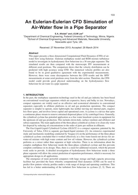 PDF An Eulerian Eulerian CFD Simulation Of Air Water Flow In A Pipe Separator