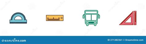 Set Protractor Grid Ruler Bus And Triangular Ruler Icon Vector Stock Illustration