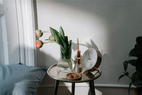 가구 거주 공간 고요한 꽃 장식 꽃꽂이 꽃병 낮 따뜻한 음색 미니멀리스트 방 부드러운 빛 빛과 그림자 사이드 테이블 스칸디나비아 스타일 스타일리시한