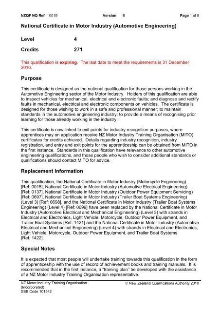 National Certificate In Motor Industry Automotive Engineering Nzqa