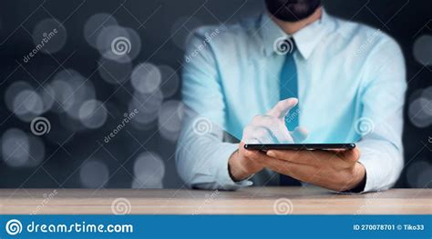 Man Holding Tablet With Touching Digital Screen Stock Image Image Of