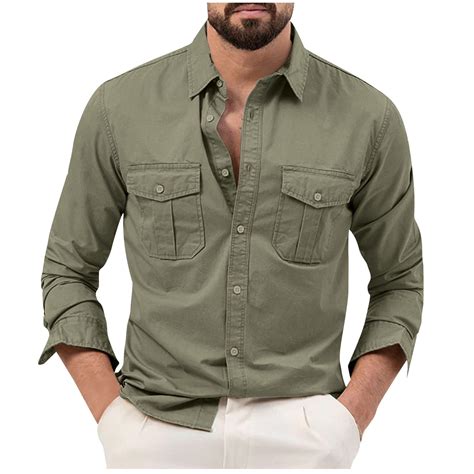 Ecqkame Lightweight Button Up Shirts For Men Casual Cargo Long Sleeve
