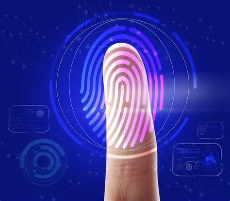 Premium Photo Man Using Biometric Fingerprint Scanner On Blue Background Closeup