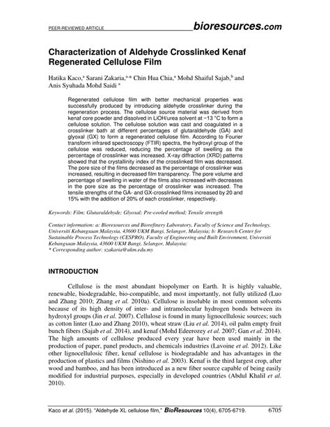 Pdf Characterization Of Aldehyde Crosslinked Kenaf Regenerated