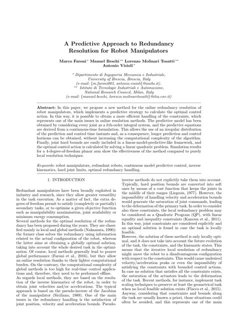 Pdf A Predictive Approach To Redundancy Resolution For Robot Manipulators