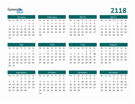 2118 full year calendar