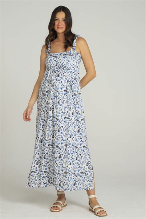 Vestido Alça Estampado Gestante Azul