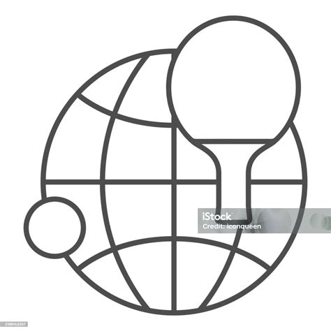 자오선 테니스 라켓 및 공 얇은 선 아이콘 탁구 개념과 지구본 벡터 그래픽 흰색 배경에 세계 토너먼트 기호 모바일 또는 웹 디자인을위한 윤곽선 스타일 아이콘