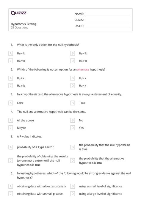 50 Hypothesis Testing Worksheets For 12th Class On Quizizz Free And Printable