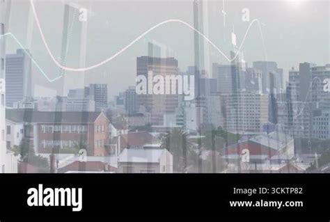 On Start Chart Bars Rising Fading Line Graph Scrolling Over Skyline Showing Market