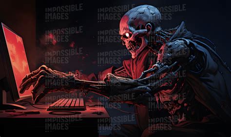 An Evil Skeleton Using A Computer Impossible Images Unique Stock