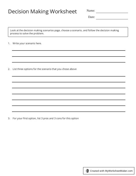 Decision Making Worksheet Decision Making Worksheet Tpt