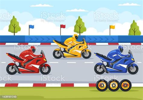 경주 Motosport 속도 자전거 템플릿 손으로 그린 만화 플랫 일러스트 레이 션 스포츠 또는 챔피언십 경주 스포츠웨어 및 장비를 착용하여 개념에 대한 스톡 벡터 아트 및