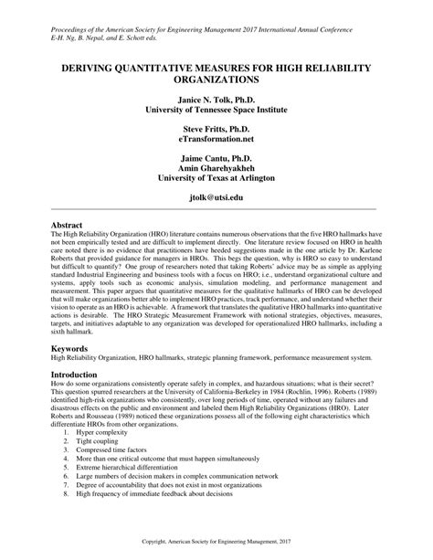 PDF Deriving Quantitative Measures For High Reliability Organizations