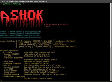 Ashok Ελβετικός σουγιάς για Reconnaissance Kali Linux Hacks Github Coding