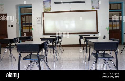 Motion To The Left Showing Empty School Classroom Side View With Chairs