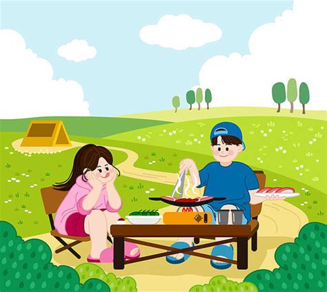 캠핑장에서 바베큐를 즐기는 남자와 여자 유토이미지 상세페이지 베이직샵 일러스트 22660728