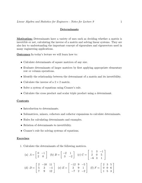 Notes For Lecture 9 Determinants Linear Algebra And Statistics For