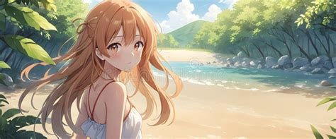 Beautiful Shy Girl With Long Hair In A Backwater Between Trees Anime Manga Hentai Stock