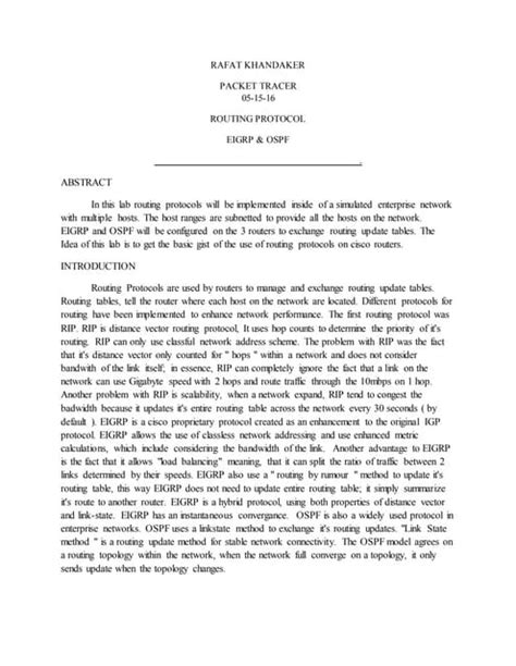 Packet Tracer Routing Protocols Eigrp And Ospf Docx