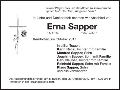 Traueranzeigen Von Erna Sapper Trauer Nn De