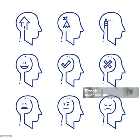 인간의 머리 프로필 라인 아이콘 세트 인지 심리학 또는 심리 치료 긍정적 이거나 부정적인 생각 행동 개념 개발에 대한 스톡 벡터 아트 및 기타 이미지 Istock