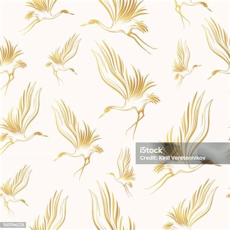 황금 두루미 새 원활한 패턴입니다 동양적 동기를 가진 벡터 배경 직물 질감 및 포장지에 대한 일본 예술 백로에 대한 스톡 벡터 아트 및 기타 이미지 Istock