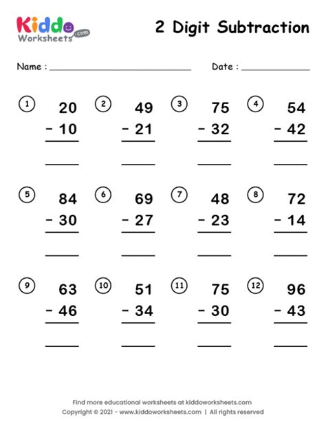 Two Digit Subtraction Worksheets Printable Math Drills Diy