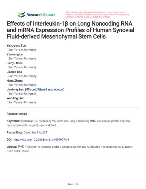 Pdf Effects Of Interleukin 1β On Long Noncoding Rna And Mrna Expression Profiles Of Human