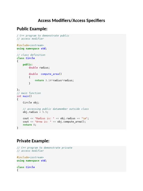 Access Modifier Or Access Specifier Examples Code Lab Work