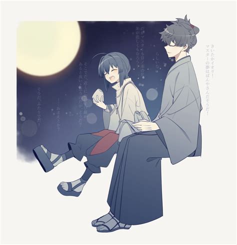 Safebooru 1boy 1other Ahoge Amulet Androgynous Black Hakama Blue