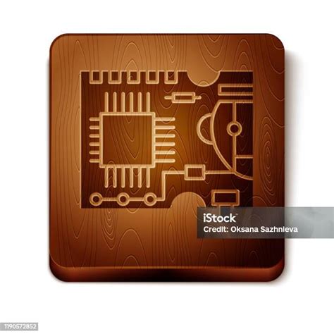 갈색 인쇄 회로 기판 Pcb 아이콘흰색 배경에 격리 나무 사각형 버튼입니다 벡터 일러스트레이션 Cpu에 대한 스톡 벡터 아트 및