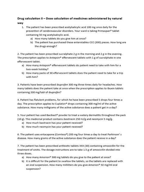 Drug Calculation Ii Dose Calculation For Natural Way Administration