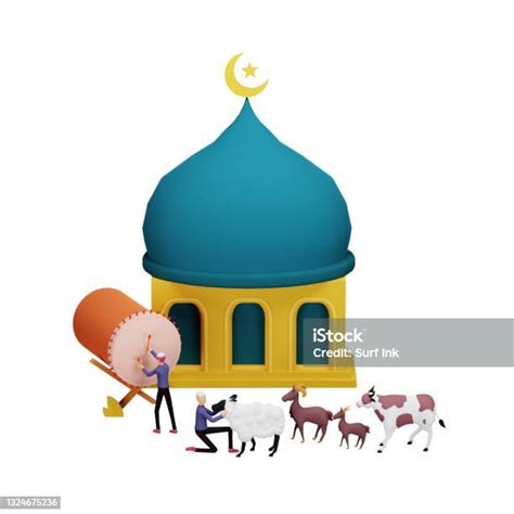 3d 렌더링 해피 이드 알 아드하 또는 웹 방문 페이지 배너 프리젠 테이션 포스터 광고 홍보 또는 인쇄 미디어에 대한 사람들 캐릭터와 희생 축하 이벤트의 3차원 형태에 대한