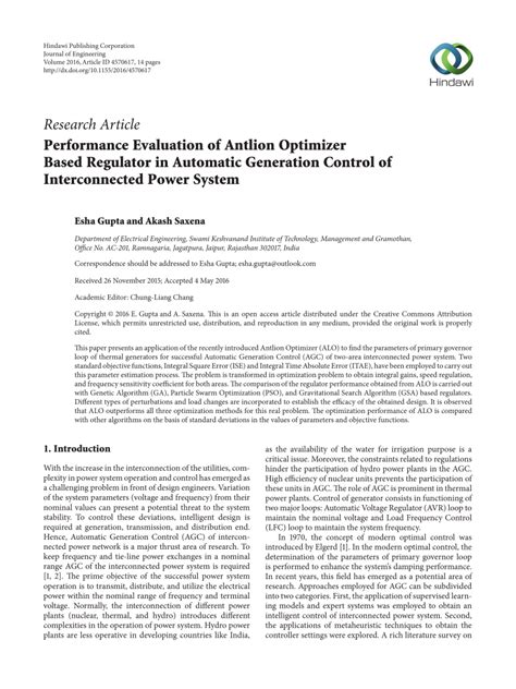 Pdf Performance Evaluation Of Antlion Optimizer Based Regulator In Automatic Generation