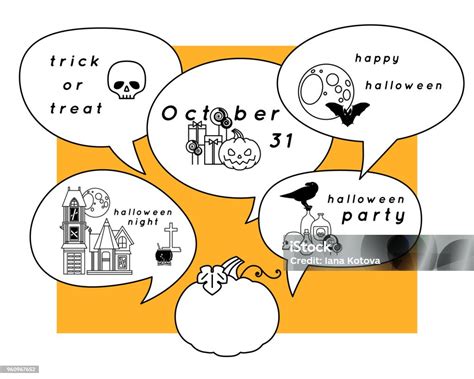 할로윈 라벨의 컬렉션입니다 선형 아이콘으로 연설 거품이 있다입니다 호박 사탕 선물 두개골 까마귀 문 박쥐 마법의 묘약 가마솥 오래 된 집 삭제 표시 벡터 일러스트입니다 10