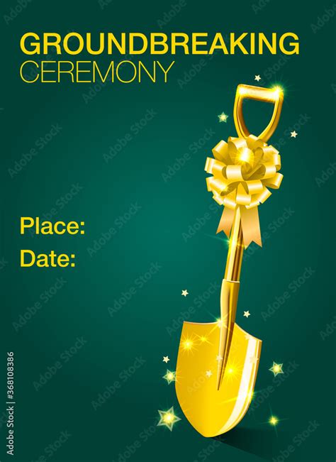Groundbreaking Ceremony Banner With Golden Shovel Decorated With Ribbon